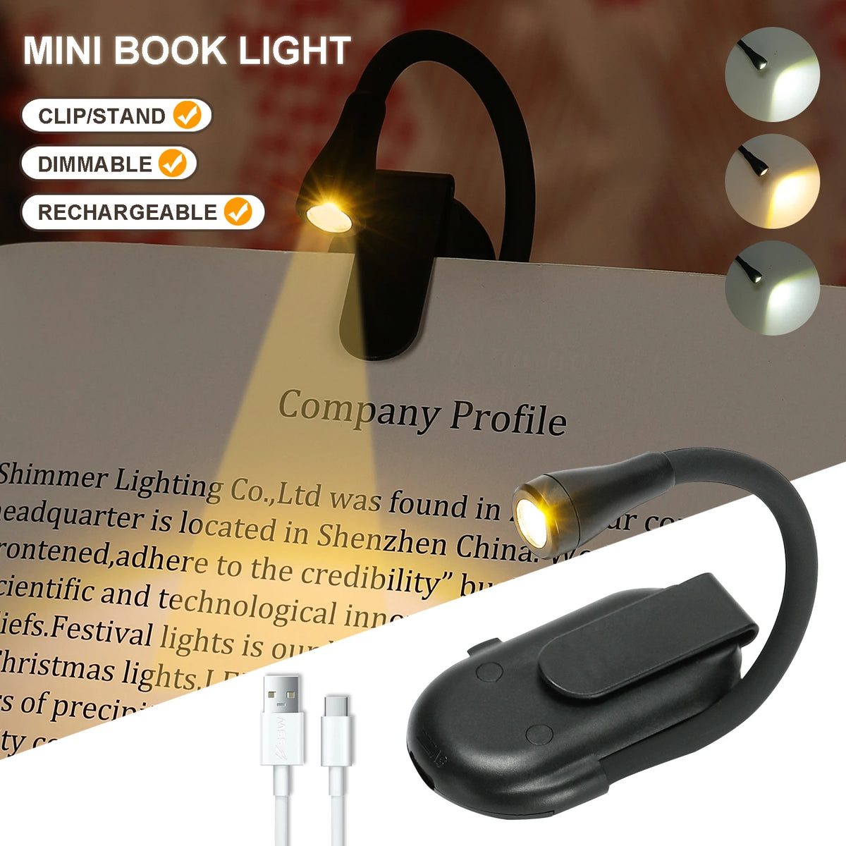LED Book Lights Rechargeable Night Light Adjustable Mini Clip Study De ...