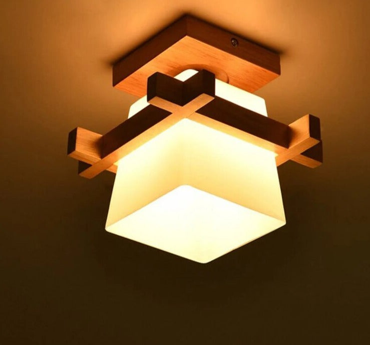 Japanese Warmly Home Cottage Tatami Wood Ceiling Lamp Led With Glass L ...