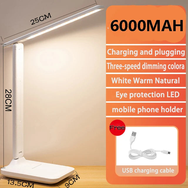 6000mAh Chargeable LED Table Lamp USB 3 Color Step less Dimmable Desk ...