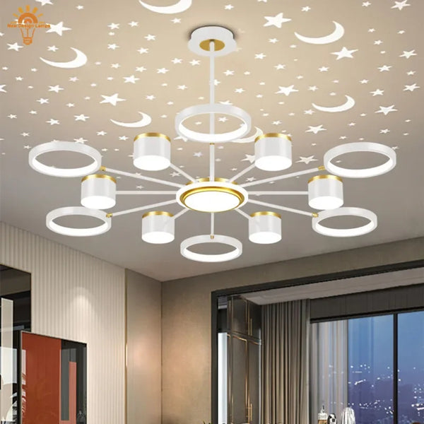 Chandeliers Romantic Starry Modern Ceiling Light Fixture 6 Lights Whit ...