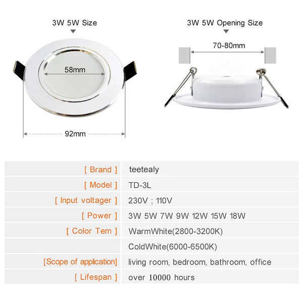 Led Downlight 3W 5W 7W 9W 12W 15W 18W AC 220V 230V 110V Ceiling Bathro ...