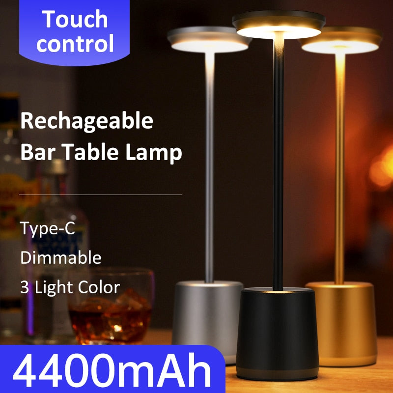 4400mAh Rechargeable Bar Table Lamp Dimmable Cordless Aluminum Bedside ...