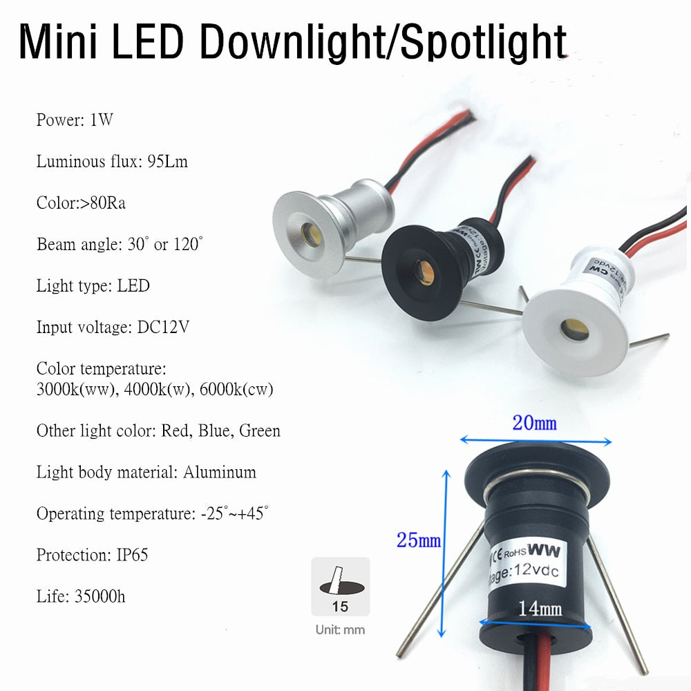 Small Spot Light 1W Mini LED Spotlight 12V Dimmable 15mm Cutout Recess ...