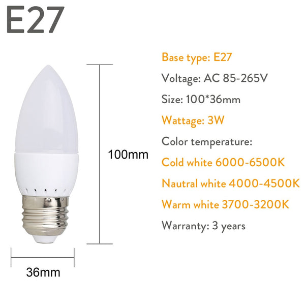 3W Led Candle Bulb E14 E27 E12 B22 B15 110V 220V Save Energy Spotlight ...